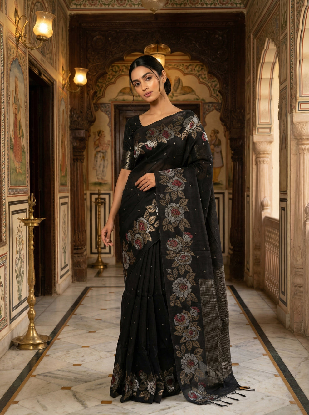 Buy Black Polka Dot Designed And Floral Bordered Semi Tussar Saree