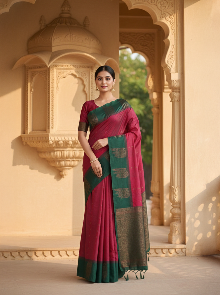 Crimson Pink Semi Silk Saree with Gold Buttas and Bottle Green Contras ...